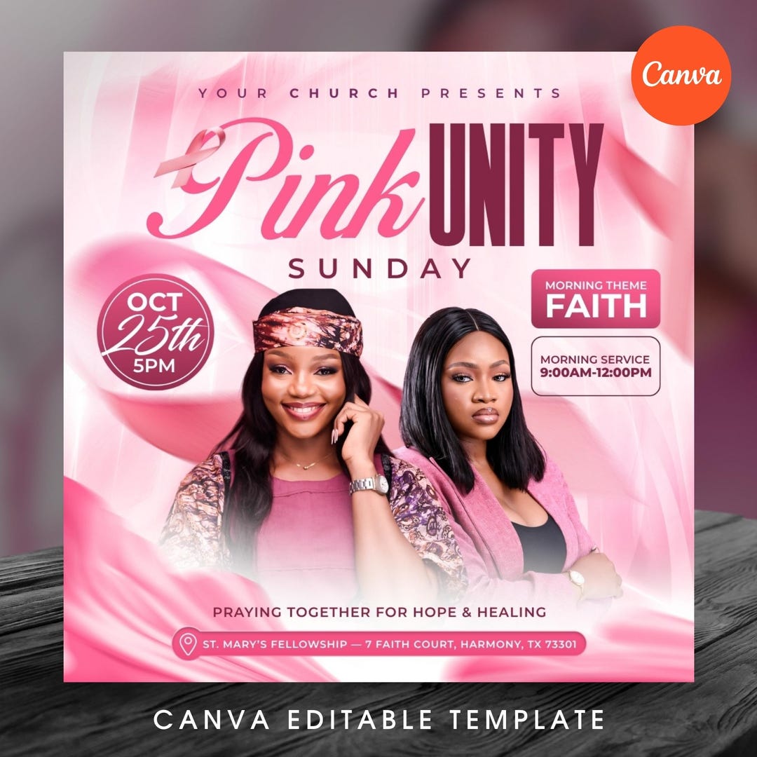 Pink Unity Sunday Flyer, Breast Cancer Awareness, Canva Template - Etsy