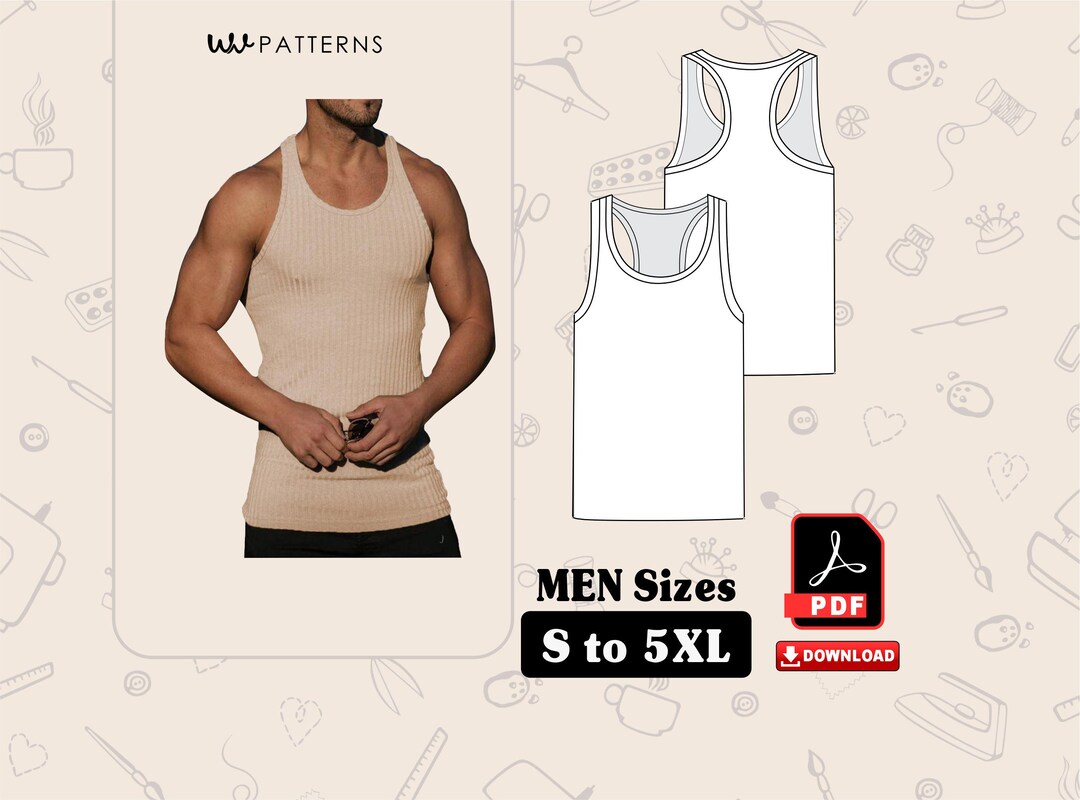 Men's Tank Top Sewing Pattern: U Neck & Cross Shoulder, Sizes S-5XL ...