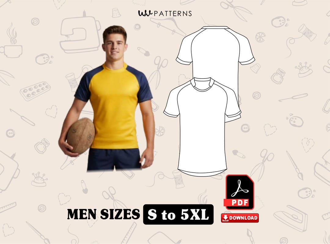 Men's Rugby Jersey Sewing Pattern: Raglan Sleeve Rugby Jersey, S-5XL ...