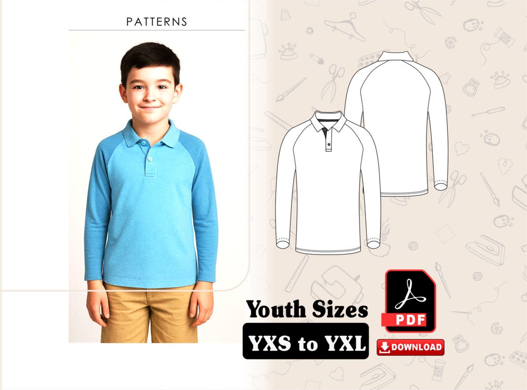 Kids Raglan Polo Shirt Sewing Pattern: Long Sleeve, Sizes YXS-YXL (PDF ...