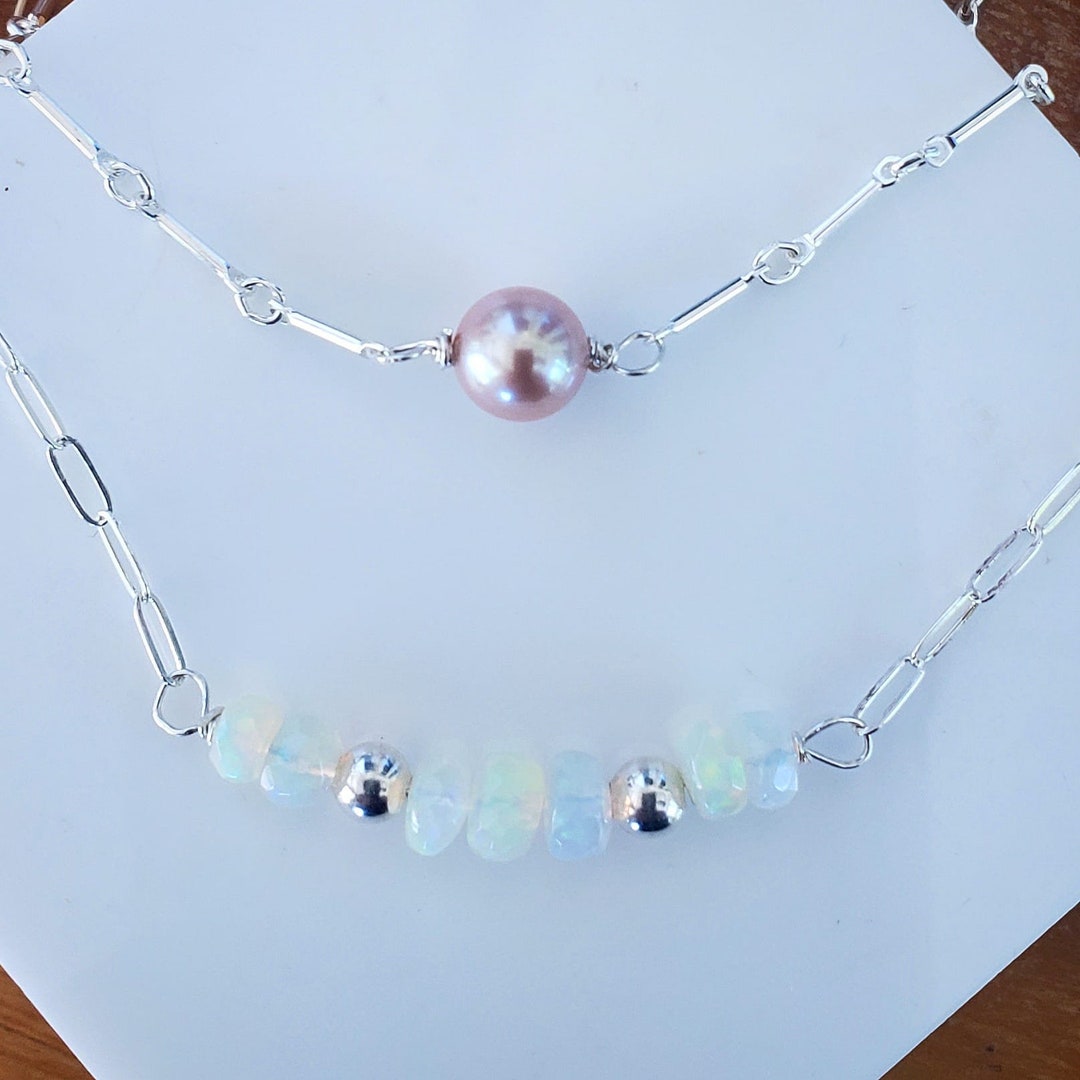 Sterling Silver Mini Set Pink Pearl and Opal Necklace - Etsy