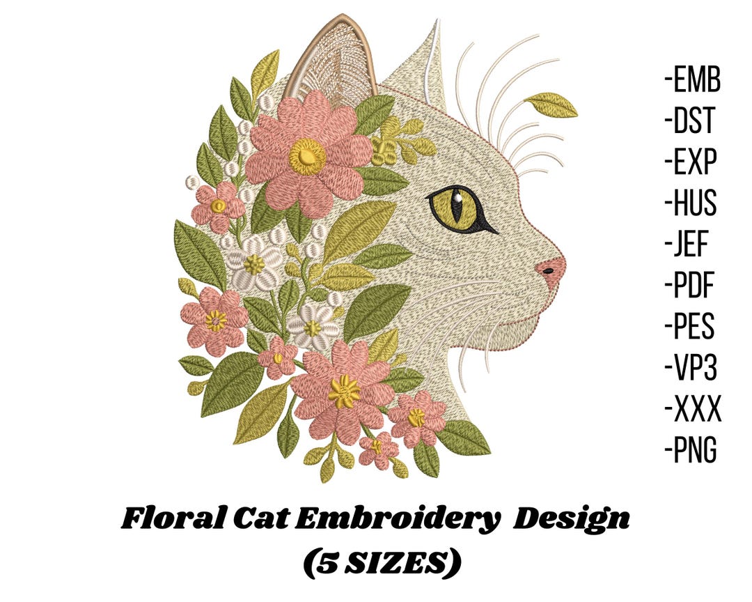 Floral Cat Embroidery Design - Cute Cat With Flowers Machine Embroidery ...