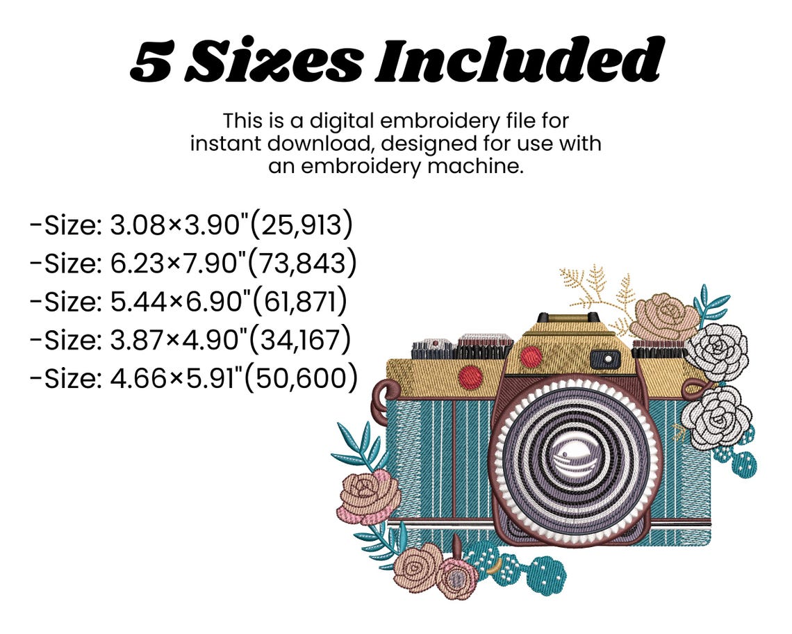 Camera Embroidery Design, Camera With Flowers Embroidery, Vintage ...