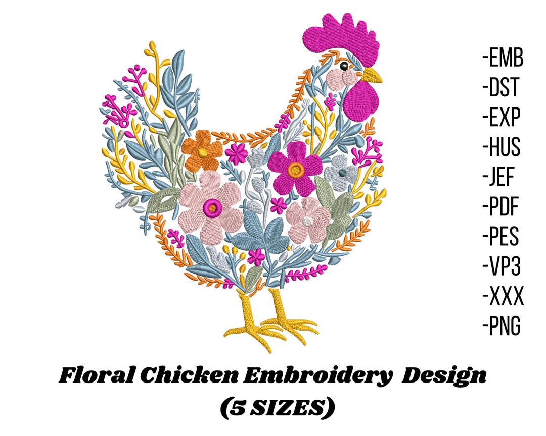 Floral Chicken Embroidery Design: Farmhouse Hen Pattern (PES) - Etsy