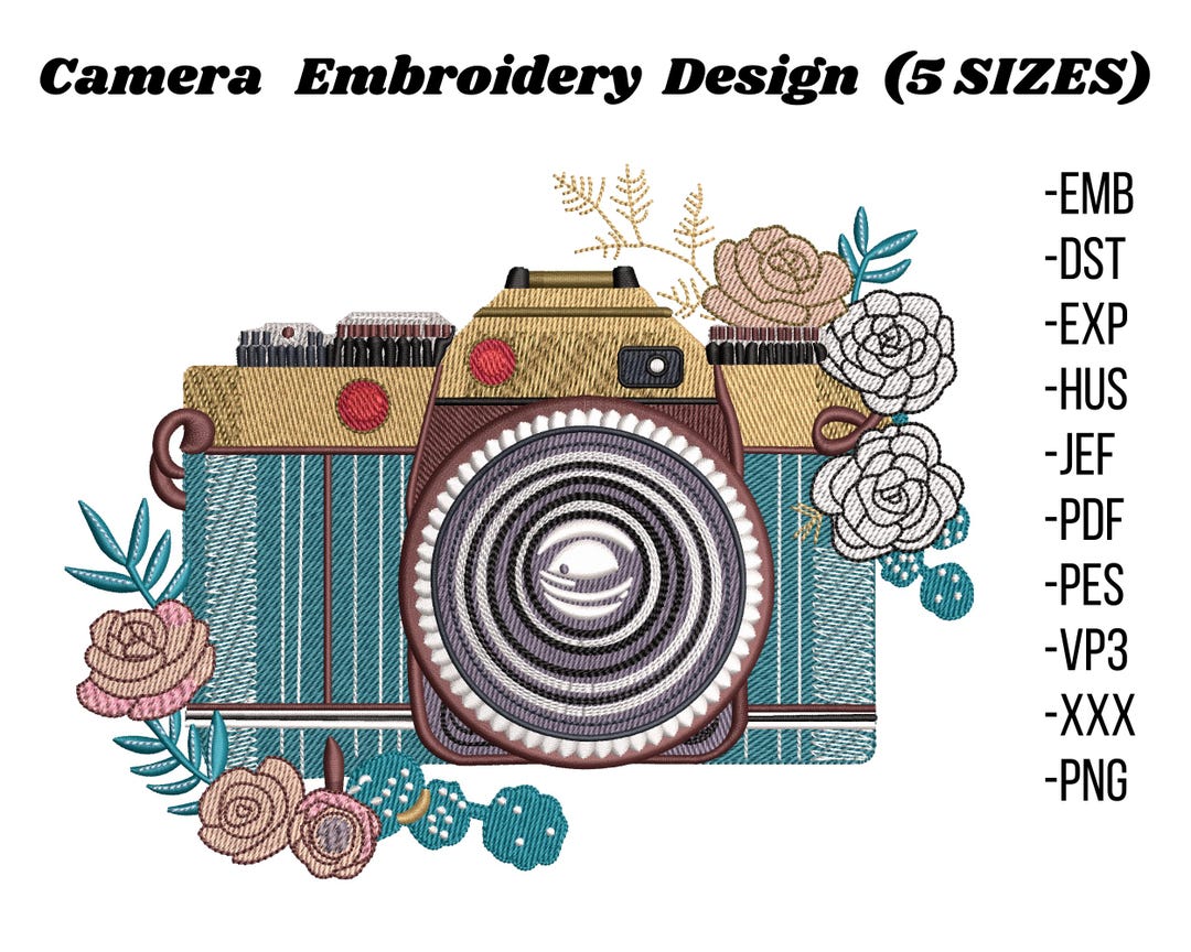 Camera Embroidery Design, Camera With Flowers Embroidery, Vintage ...