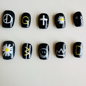 GD Inspired Graffiti Nails - Black Glossy Press on Nails With Peace ...