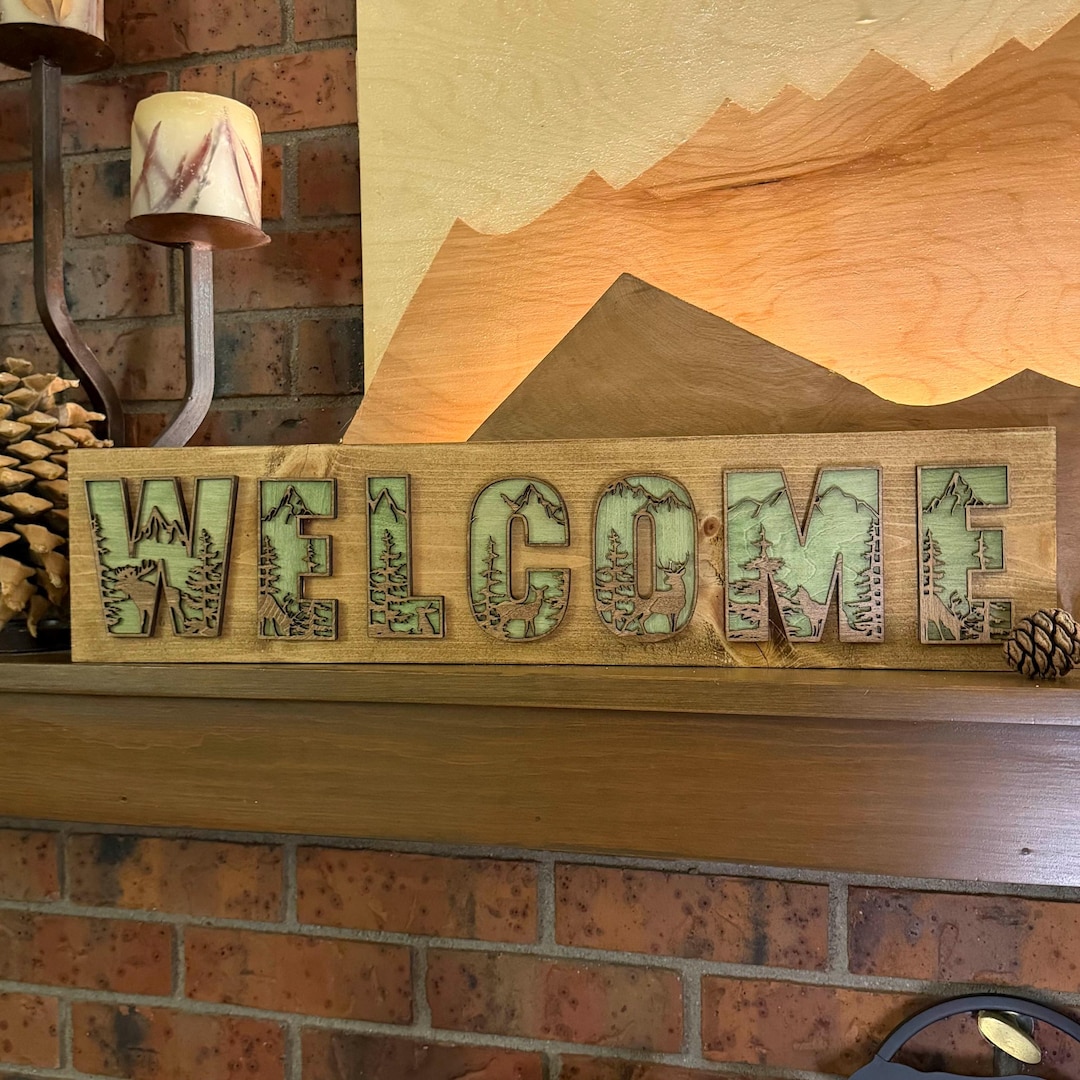 Layered Wilderness “WELCOME” Sign – Stained Wood Mountain Decor for ...