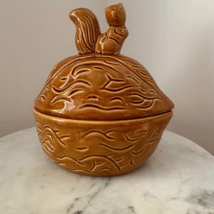 MCM Vintage Ceramic Lidded Dish Cookie Jar Featuring a Squirrel Perched ...