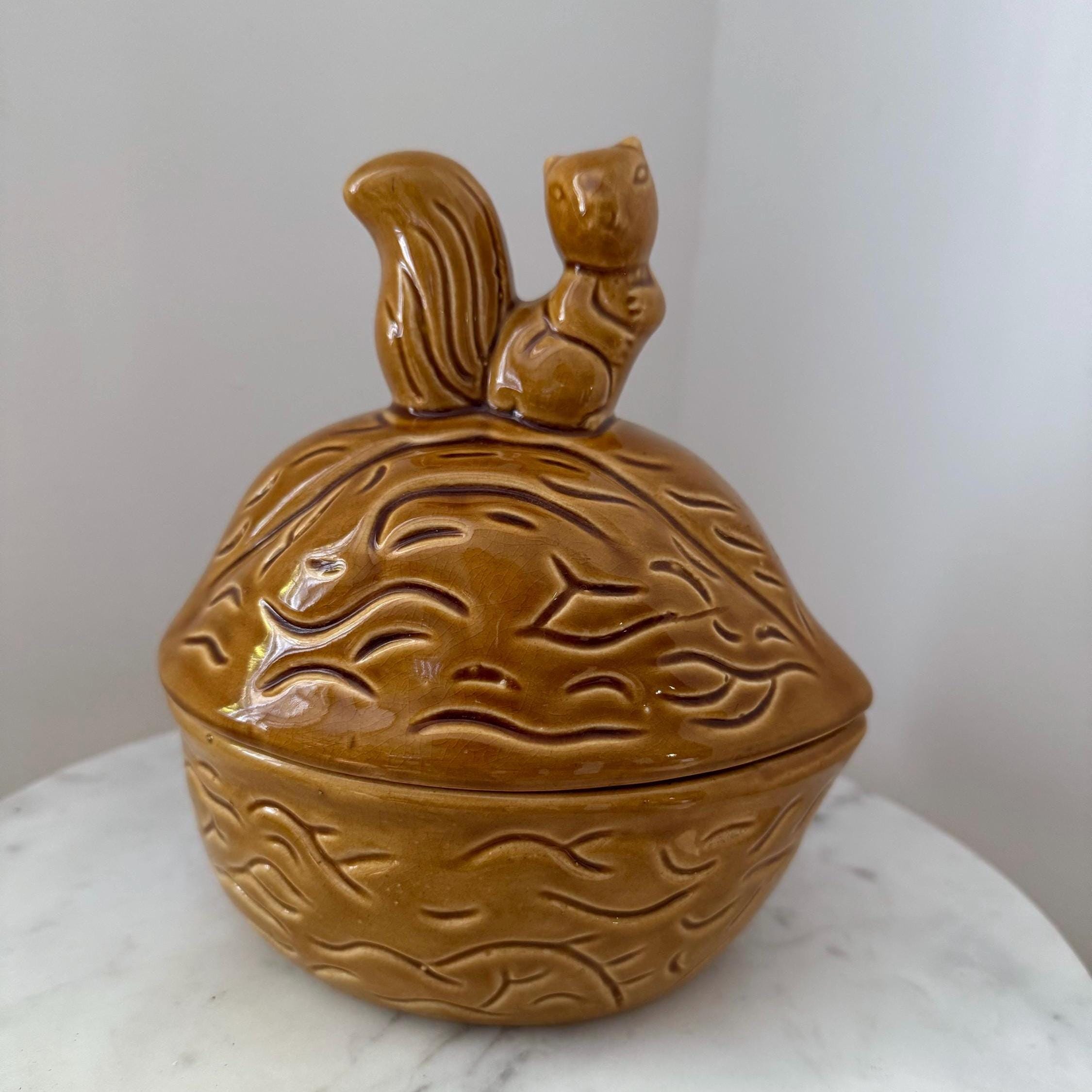 MCM Vintage Ceramic Lidded Dish Cookie Jar Featuring a Squirrel Perched ...