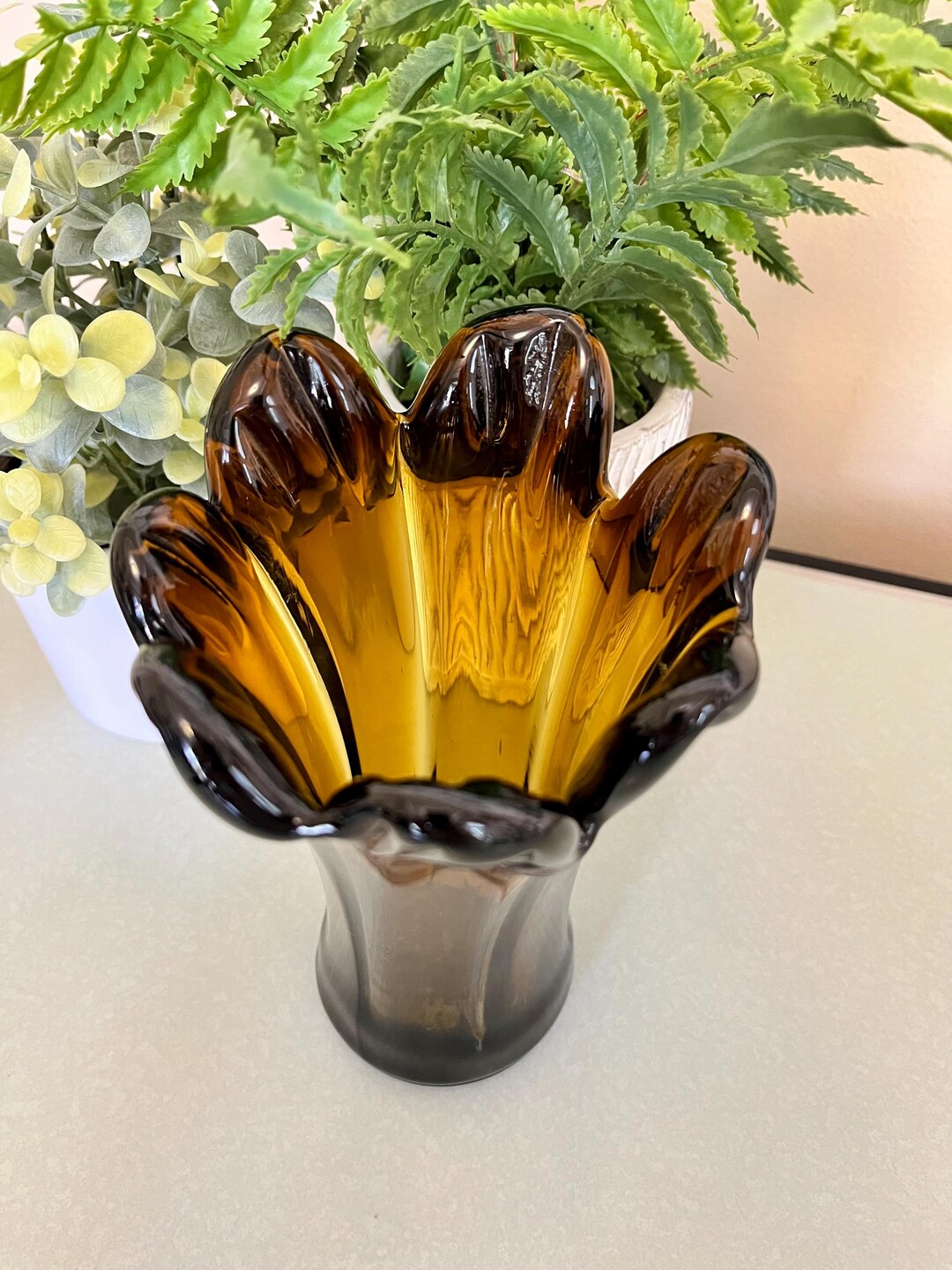 Vintage Handblown Amber Glass Vase | Scalloped Edge Art Glass | Neutral ...