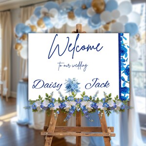 Wedding Editable Welcome Sign Blue Floral Design | Custom Wedding Sign ...