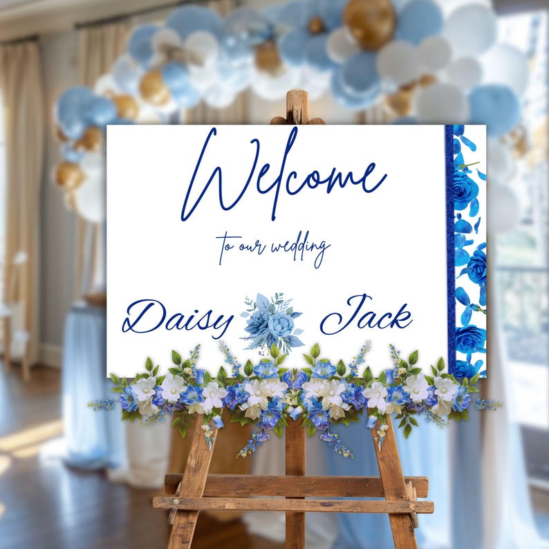 Wedding Editable Welcome Sign Blue Floral Design | Custom Wedding Sign ...
