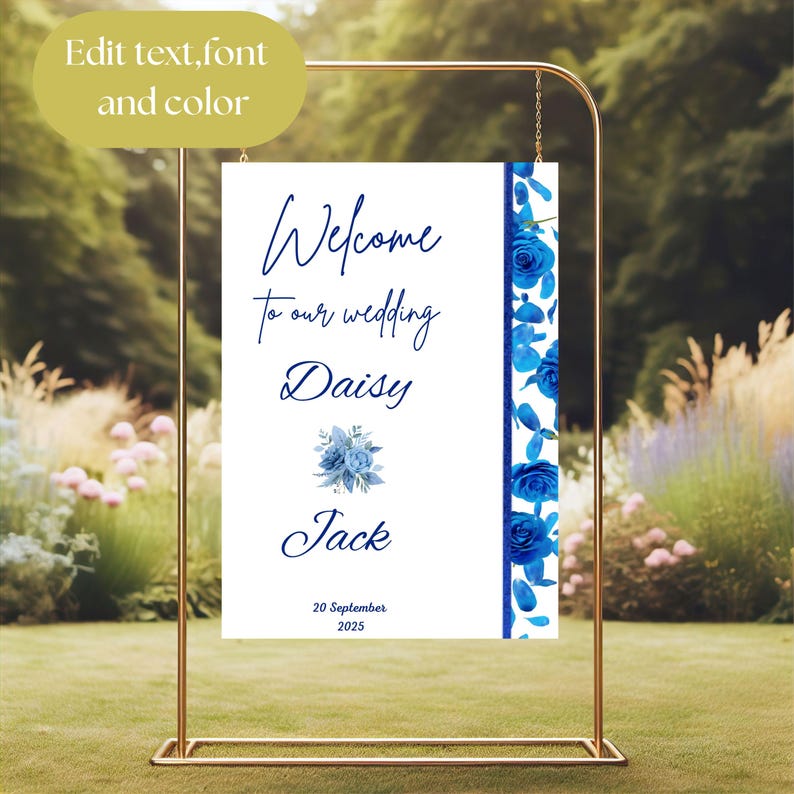 Wedding Editable Welcome Sign Blue Floral Design | Custom Wedding Sign ...