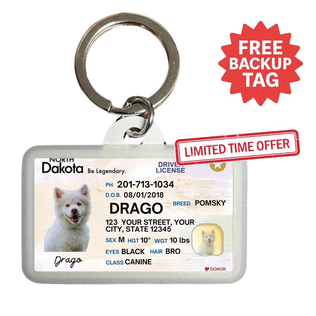 North Dakota Driver License Pet ID Tag: Custom Photo, Durable Aluminum ...