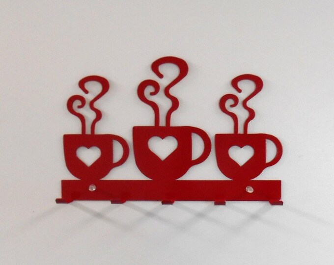 Coffee / Hearts / Metal Wall Hanging / Oven Mitt Rack / Bright Red ...
