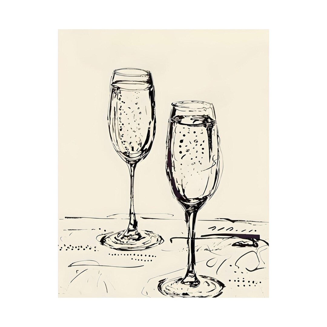 Poster, Champagne Flute Abstract Line Drawing Illustration, Satin Print ...