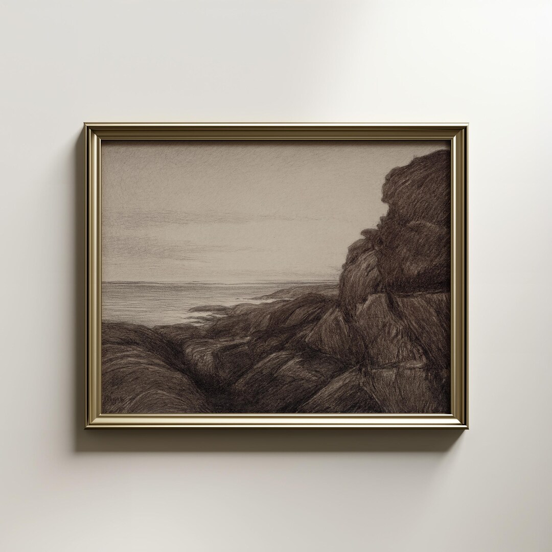 Moody Coastal Landscape Drawing | Vintage Seaside Cliff Sketch ...