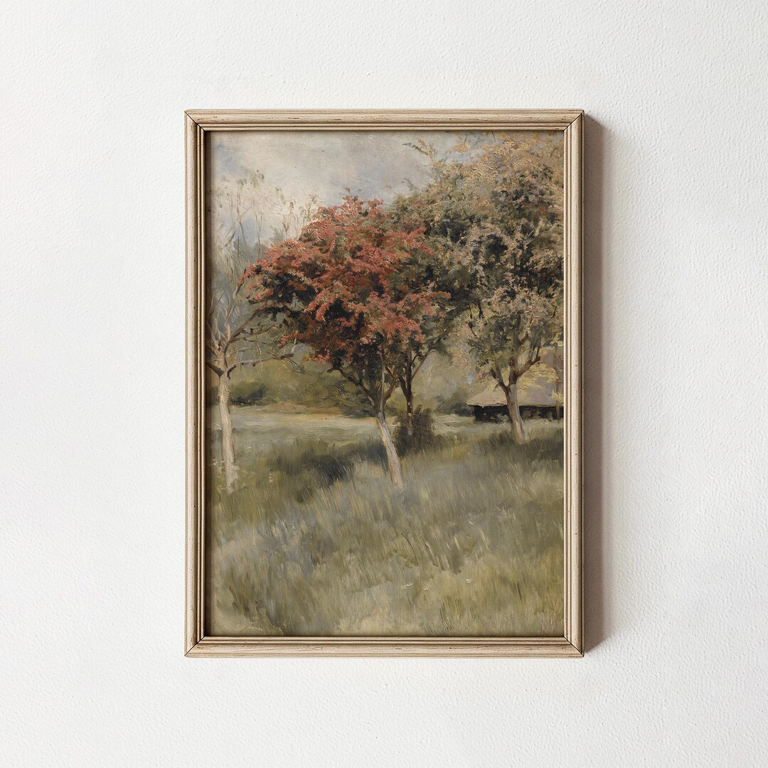 Vintage Garden Landscape Painting | Red Blossoms (printable) Quiet Past ...
