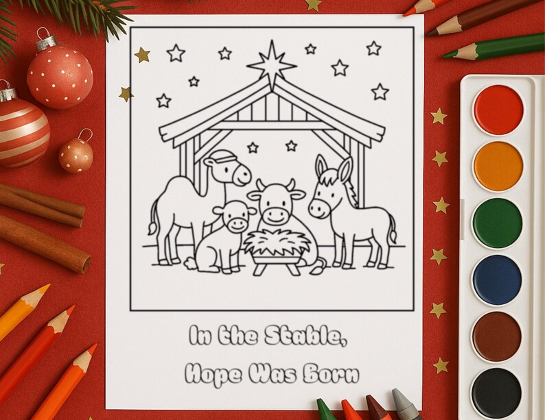 In the Stable Hope Was Born Coloring Page | Nativity Animals Coloring ...