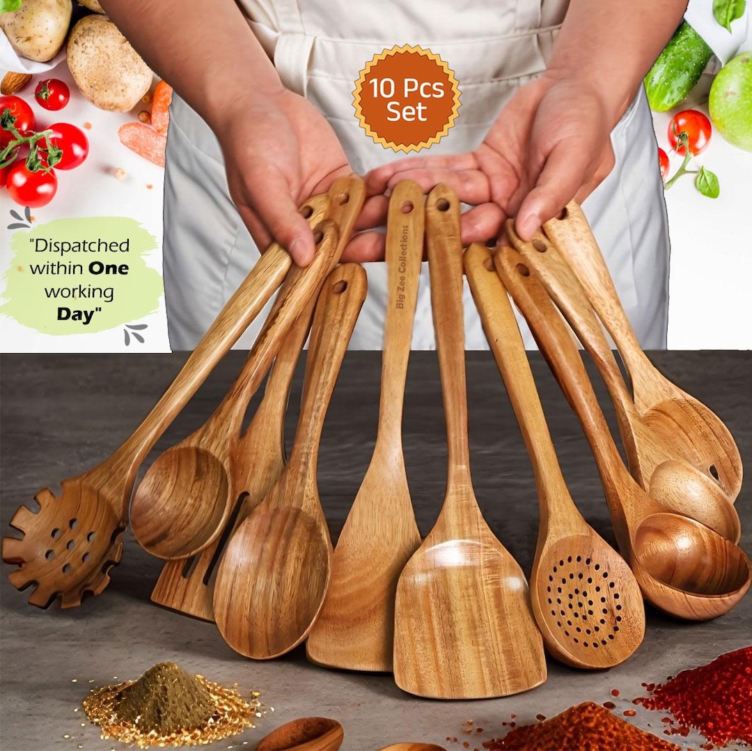 Handmade Wooden Kitchen Utensil Set – 10‑piece Spatulas, Spoons Cooking ...
