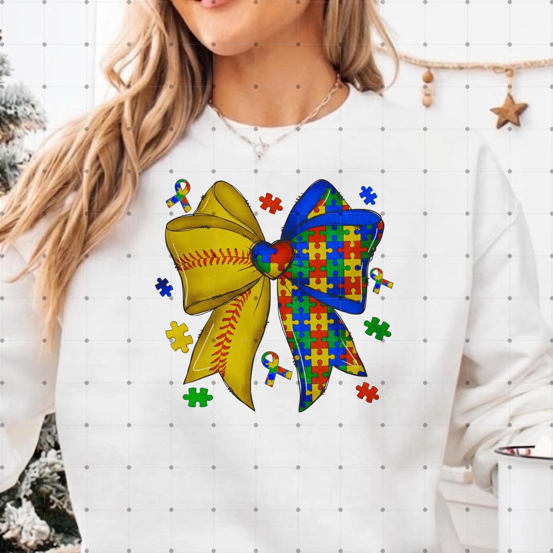 Autism Awareness Softball PNG, Puzzle Piece Bow Sublimation Design ...