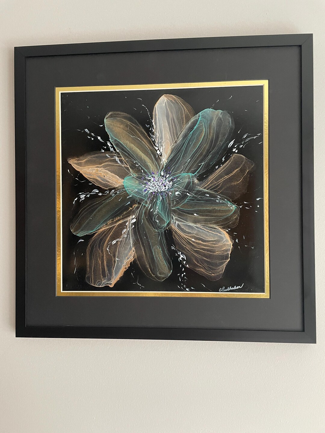 Blue Whisp, Single Blue Floral 16 X 16 Wall Hanging, Black Mat and ...