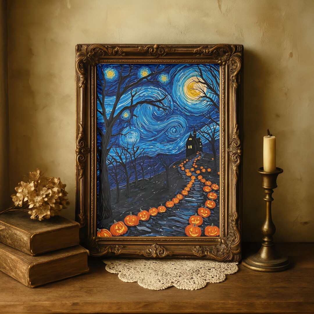 Spooky Pumpkin Night Art, Van Gogh Inspired, Starry Night Halloween ...