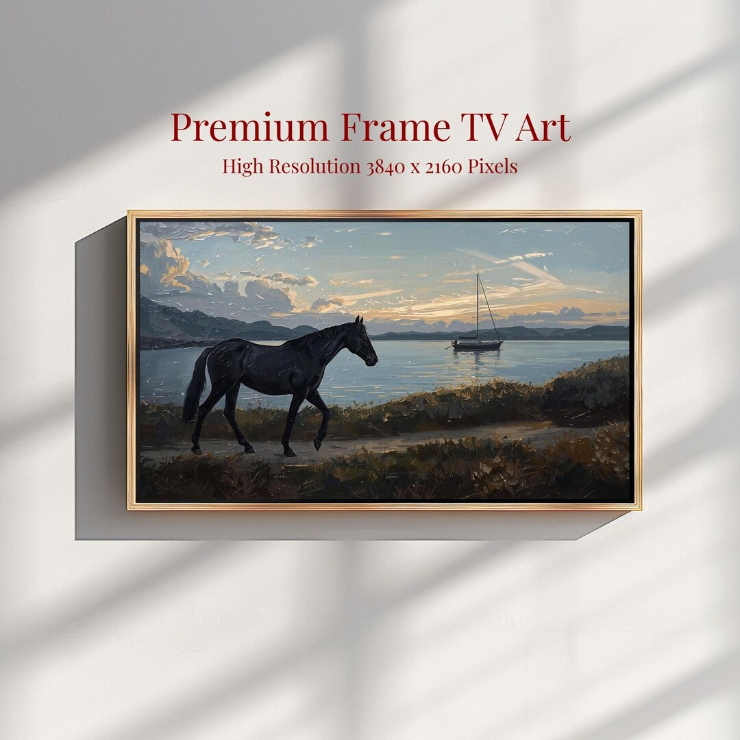 Navy Old Money Coastal Horse Art Frame TV | Nautical Sunset Landscape ...