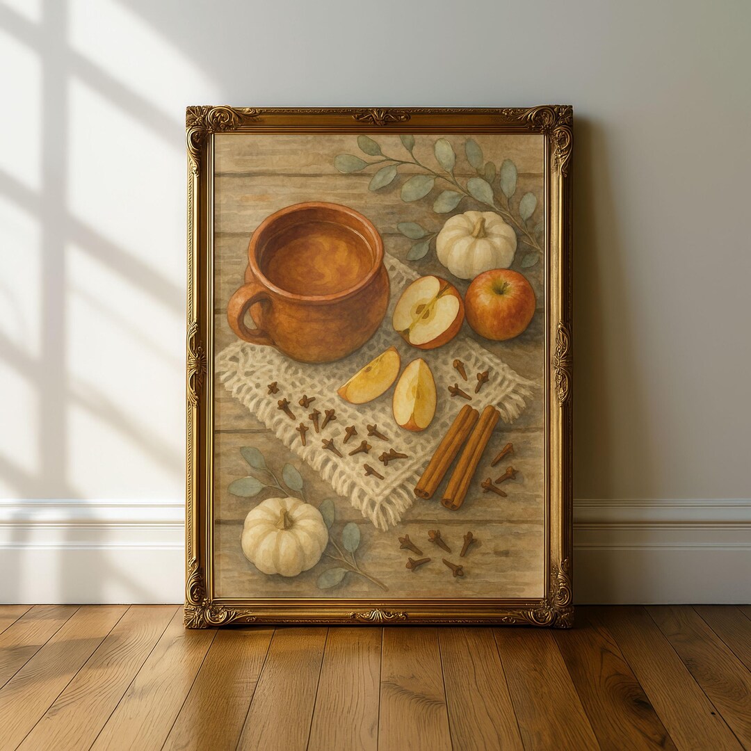 Fall Apple Cider Printable Wall Art, Cozy Autumn Spiced Apple Painting ...