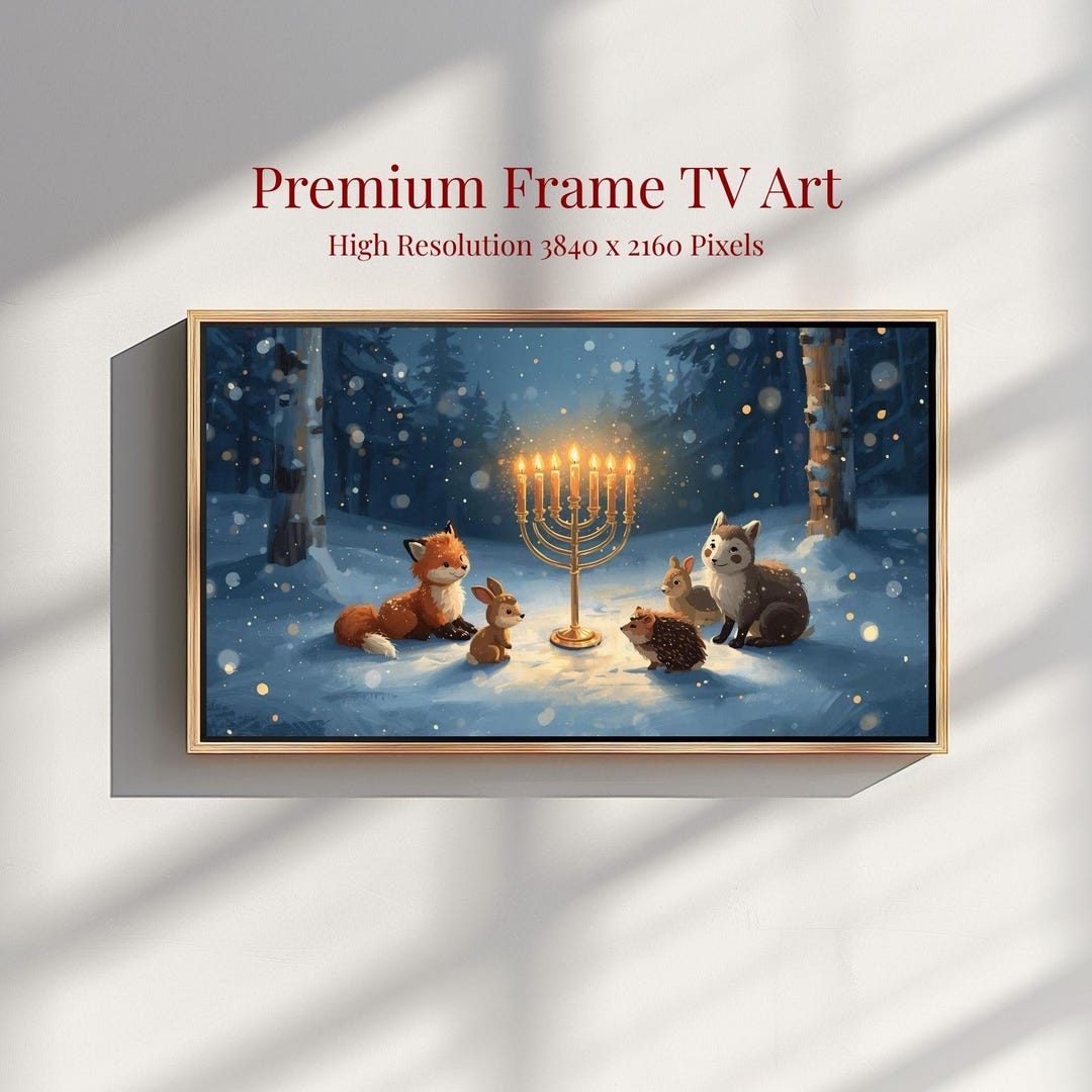 Hanukkah Frame TV Art, Woodland Animals Art, Menorah Wall Art, Winter ...