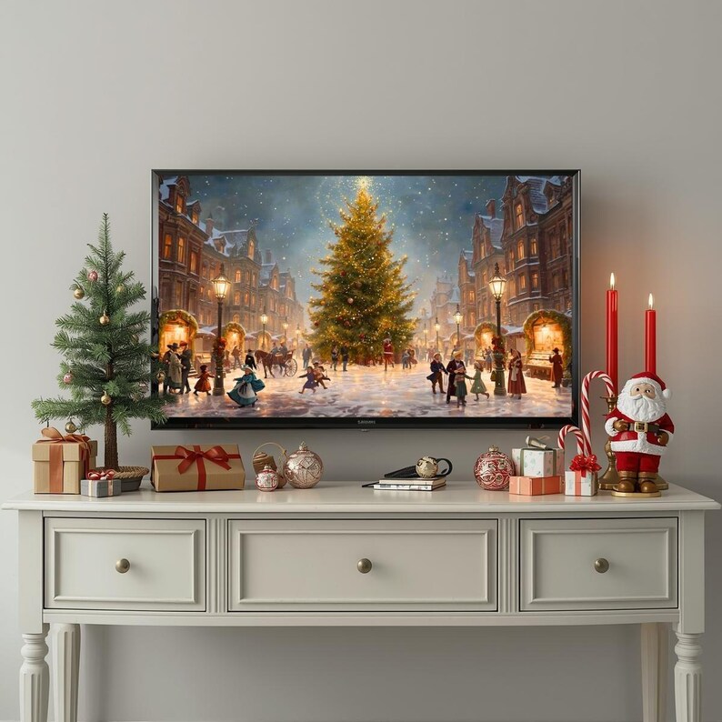Victorian Christmas Town Square Frame TV Art | Vintage Holiday Market ...