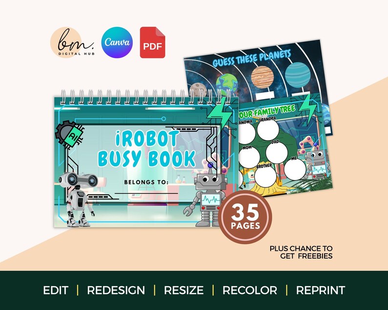 Robot Theme Busy Book Printable and Editable Canva Template Toddler and ...