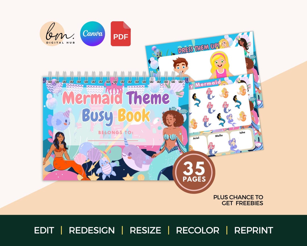 Mermaid Theme Busy Book Printable and Editable Canva Template Toddler ...