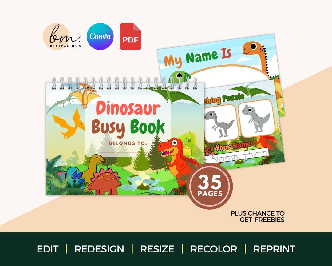 Dinosaur Theme Busy Book Printable and Editable Canva Template ...