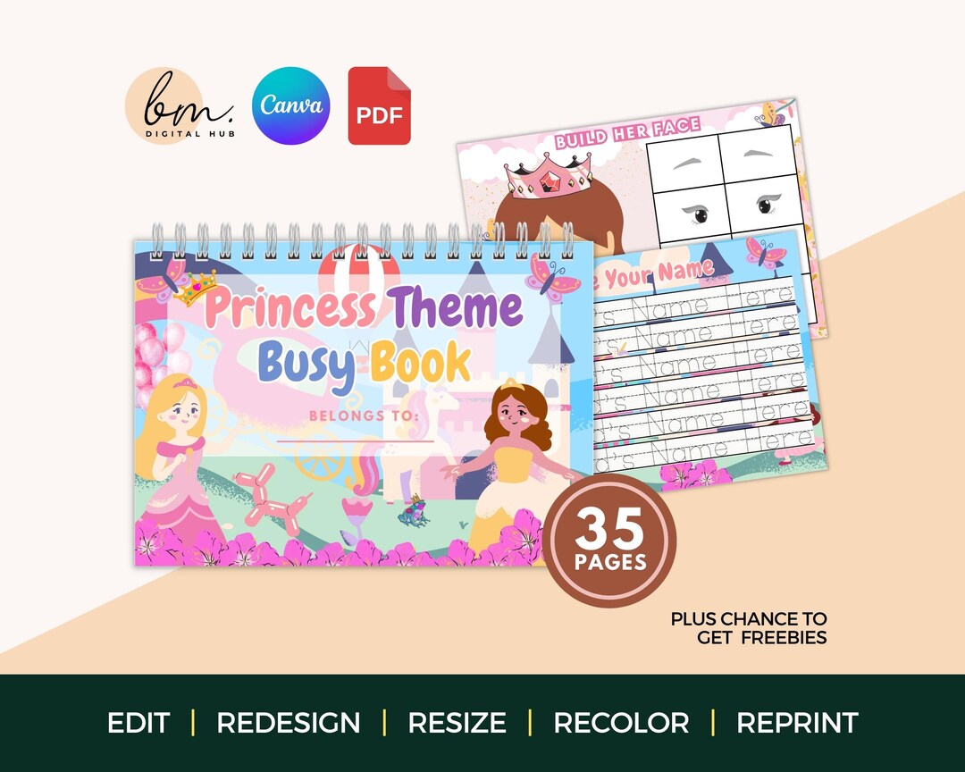 Princess Theme Busy Book Printable and Editable Canva Template ...