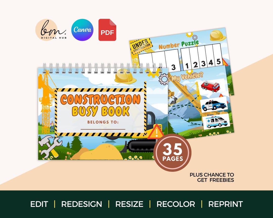 Construction Theme Busy Book Printable and Editable Canva Template ...