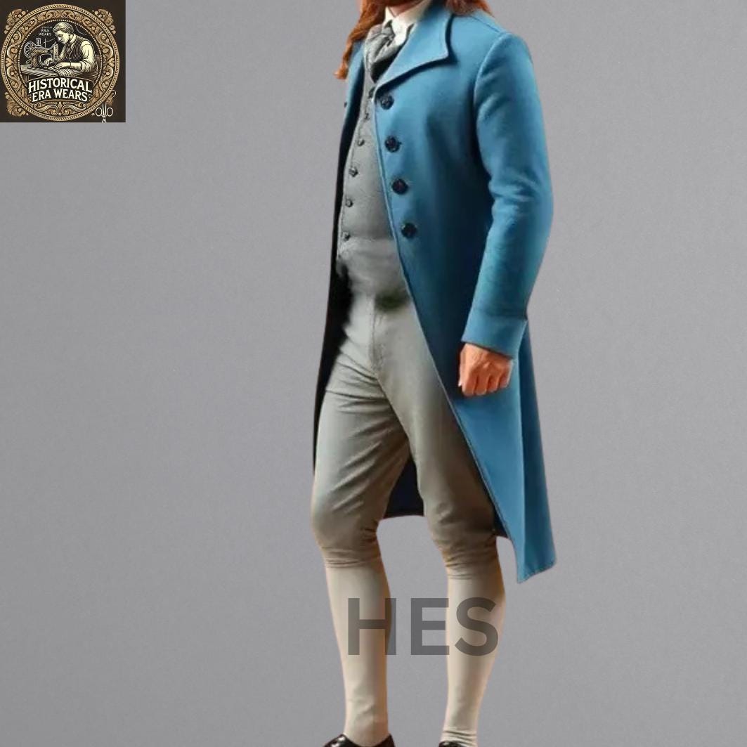 Men's Dark Sky Blue Wool Regency Coat – 19th-century Tailored Ensemble ...