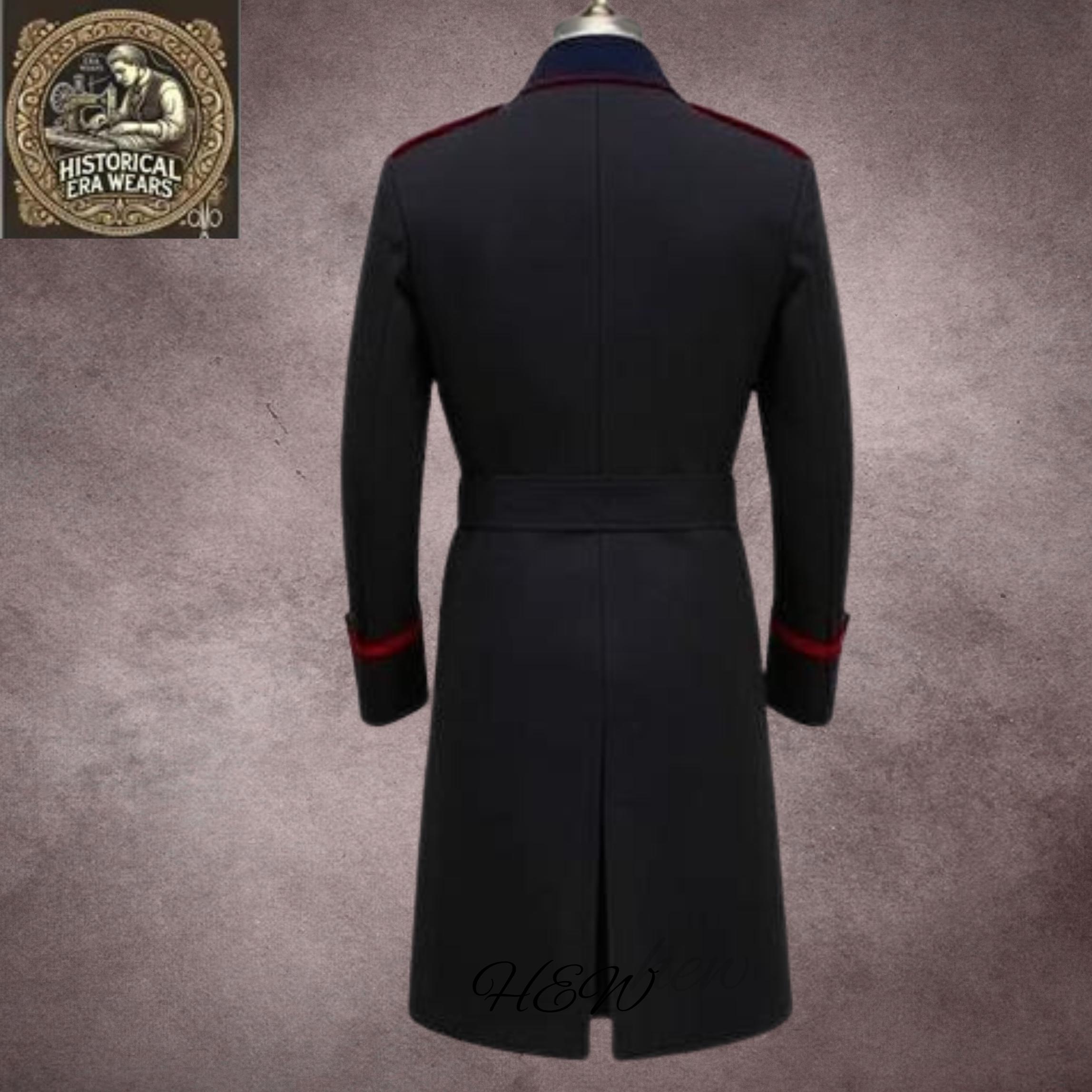 Men's Black Wool Military Coat - Custom Officer Parade Jacket With Red ...