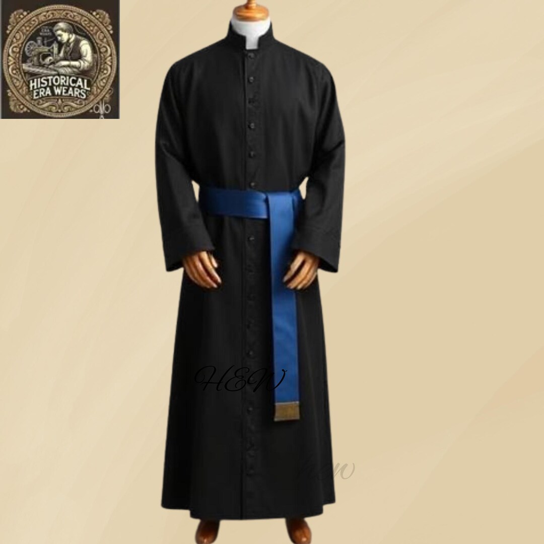 Custom Black Wool Clerical Cassock - Blue Sash With Golden Frill ...