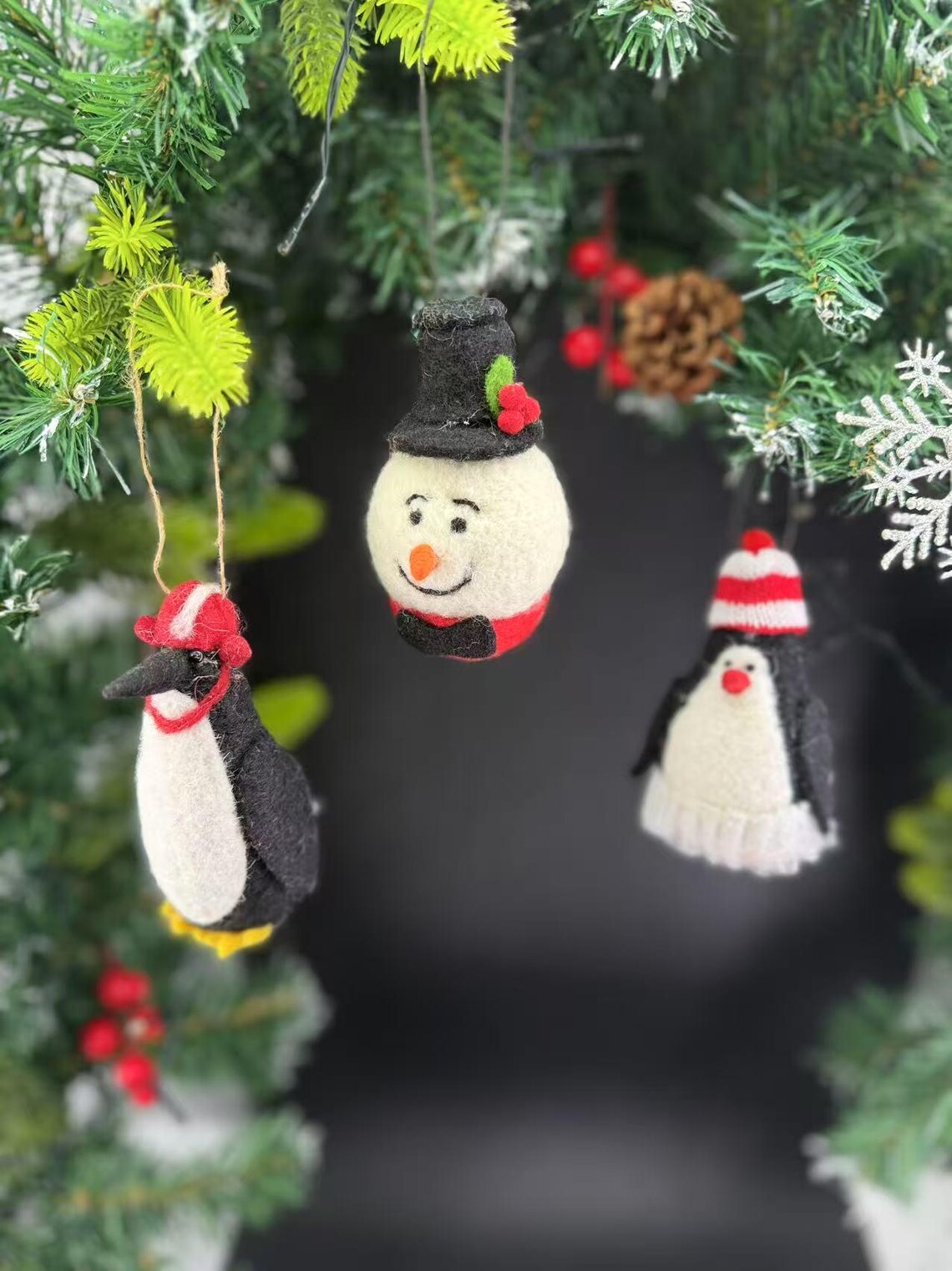 Two Felt Wool Penguins and One Snowman Christmas Hanging Ornament - Etsy
