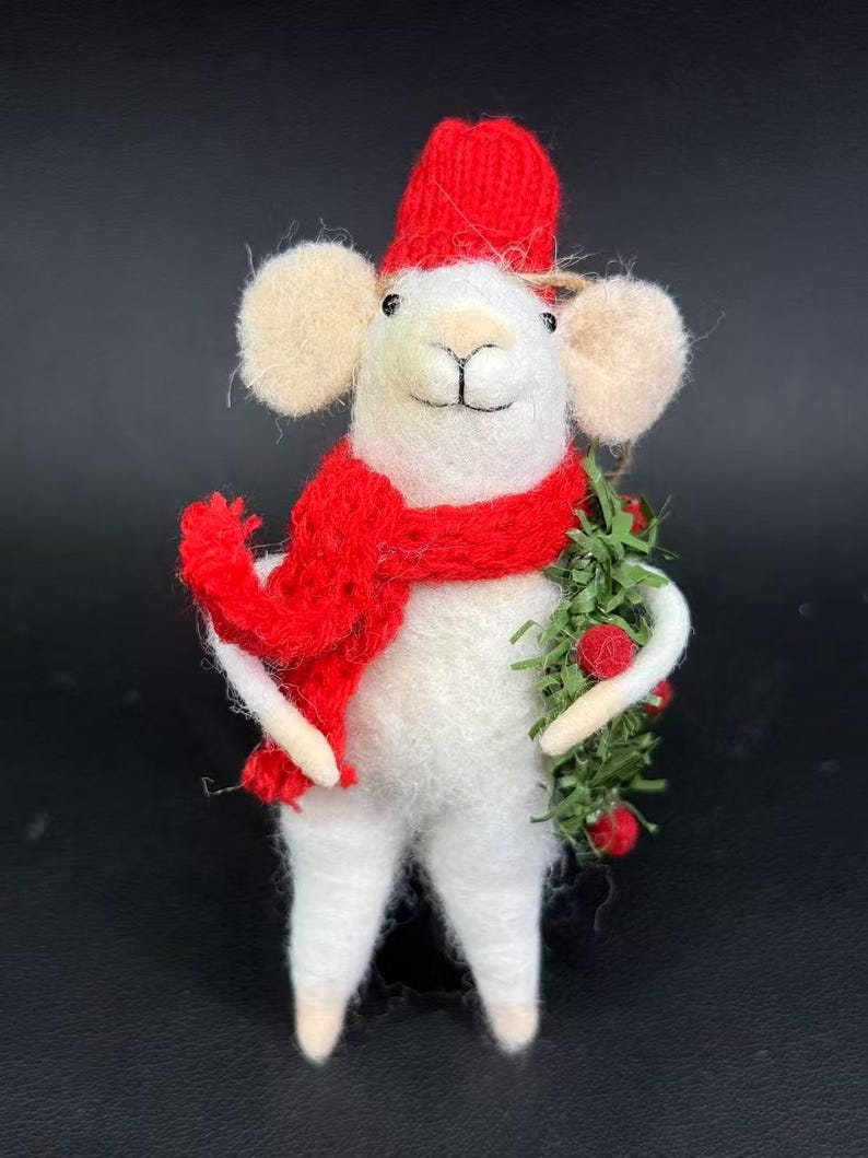 Christmas Felt Mice in Red Scarf Ornaments 5pcs, Xmas Wool Mouse ...
