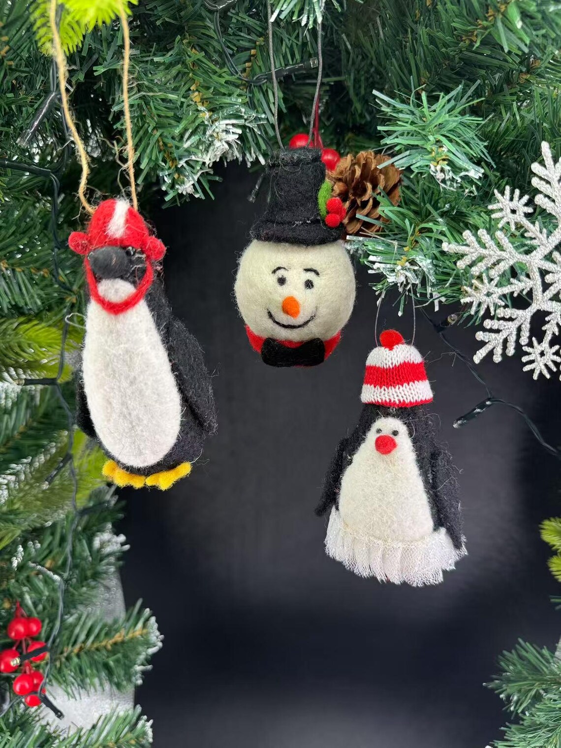 Two Felt Wool Penguins and One Snowman Christmas Hanging Ornament - Etsy