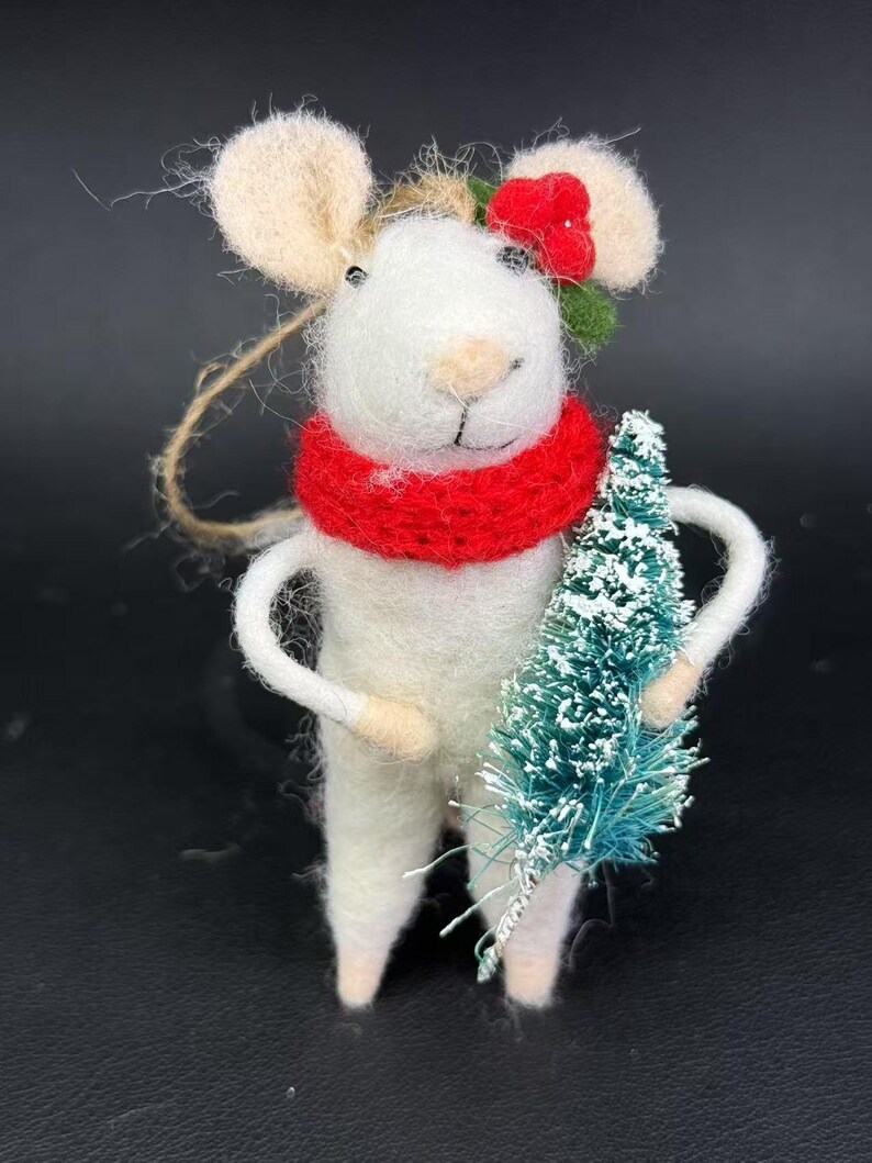Christmas Felt Mice in Red Scarf Ornaments 5pcs, Xmas Wool Mouse ...