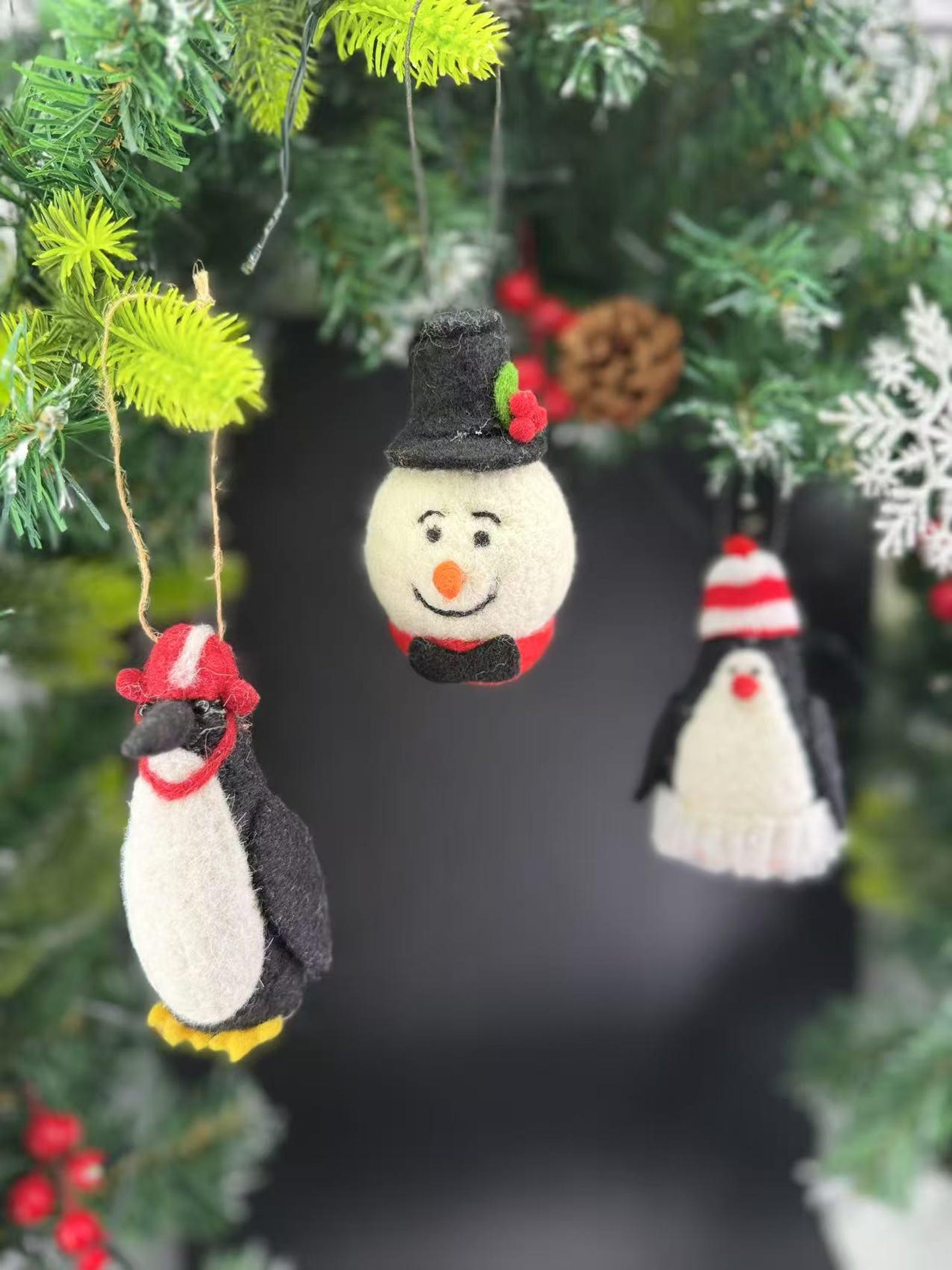 Two Felt Wool Penguins and One Snowman Christmas Hanging Ornament - Etsy