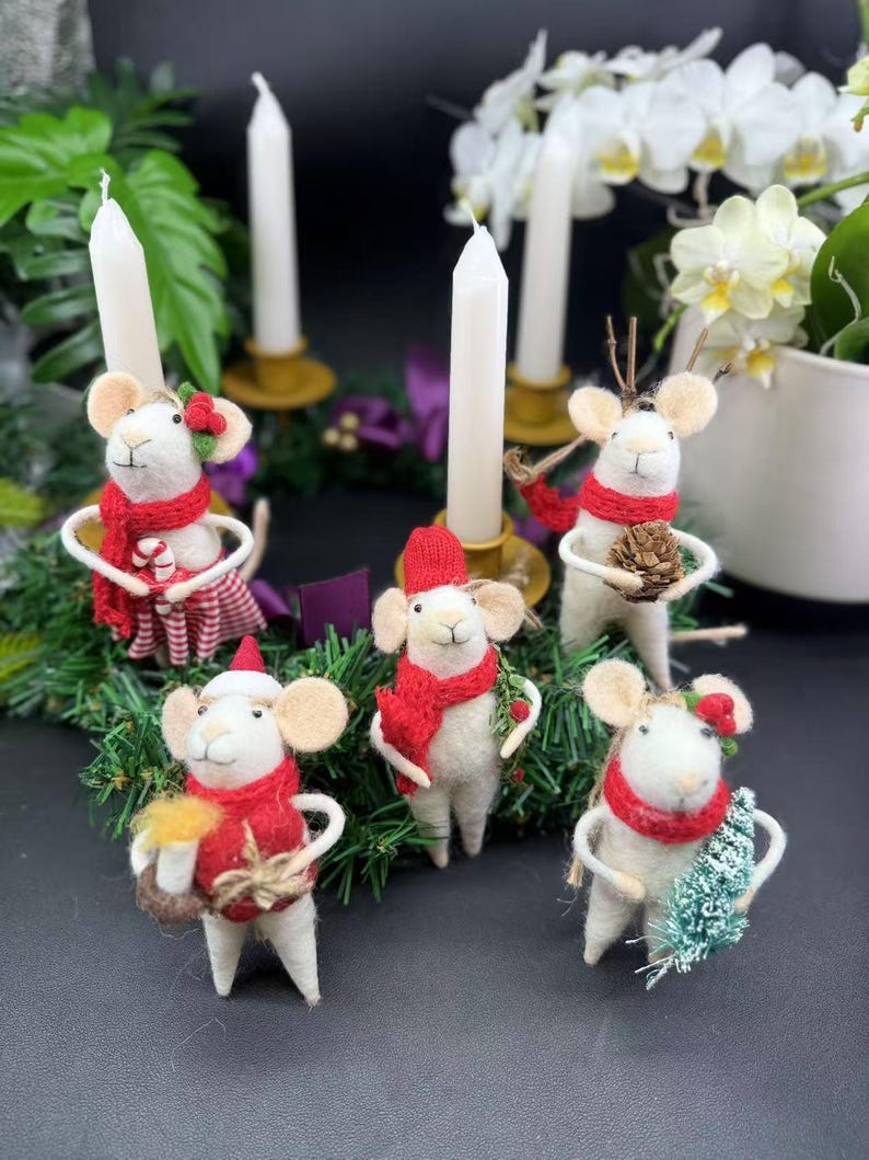 Christmas Felt Mice in Red Scarf Ornaments 5pcs, Xmas Wool Mouse ...