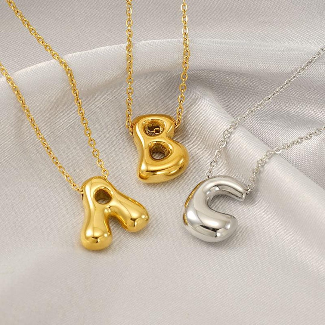 Personalized Bubble Letter Necklace - Gold & Silver Initial Pendant ...