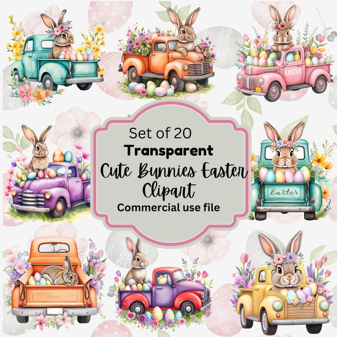 Watercolor Easter Bunny Clipart: Vintage Truck PNG Set (digital ...