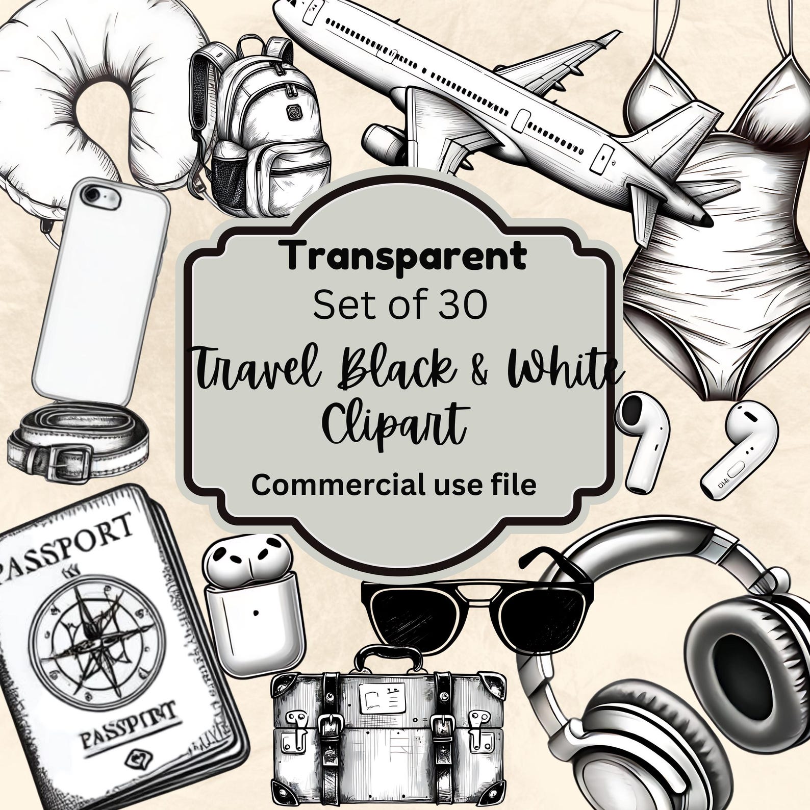 Travel Clipart Black and White PNG | 30 Piece Transparent Digital Set ...