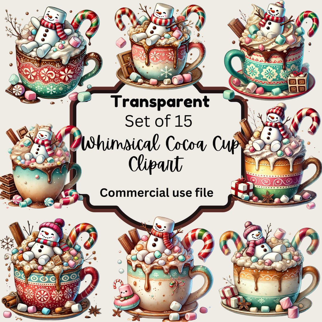 Whimsical Hot Cocoa Cup Clipart Set I 15 Snowman Mug Pngs I Christmas ...