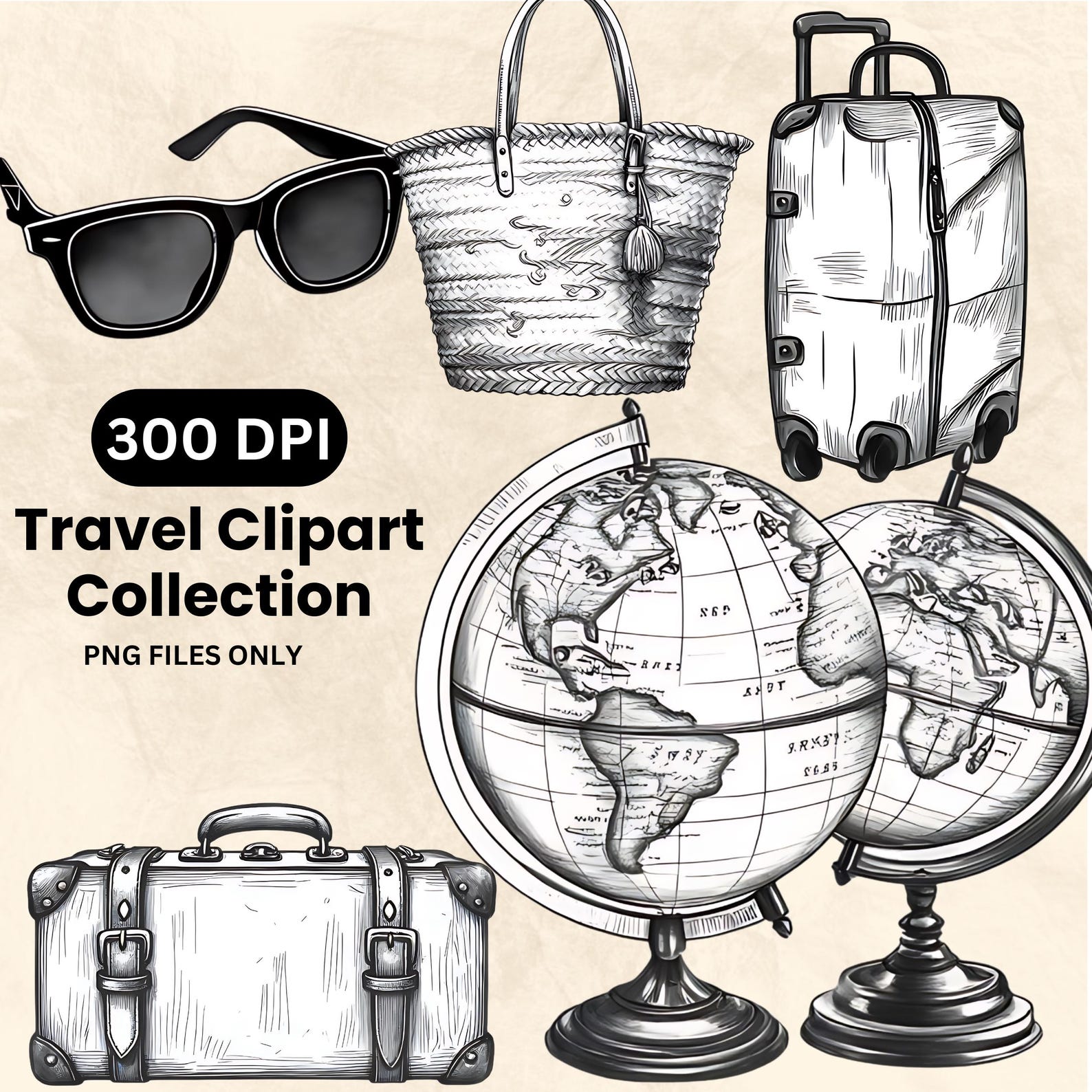Travel Clipart Black and White PNG | 30 Piece Transparent Digital Set ...